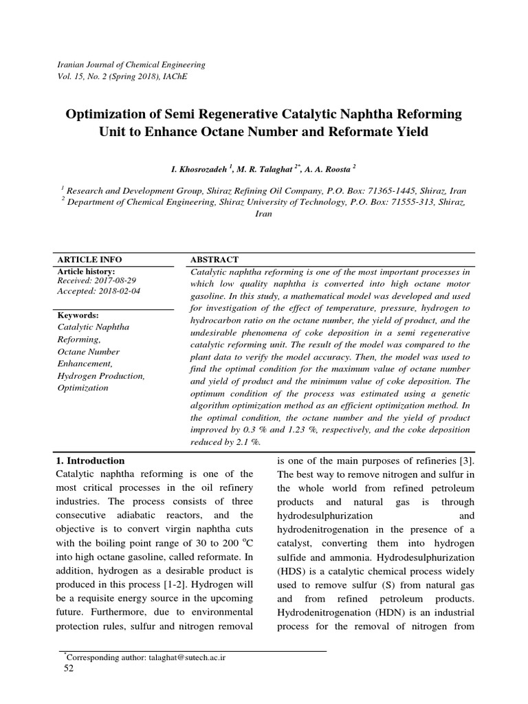 Optimization of Semi Regenerative Catalytic Naphtha Reforming Unit To ...