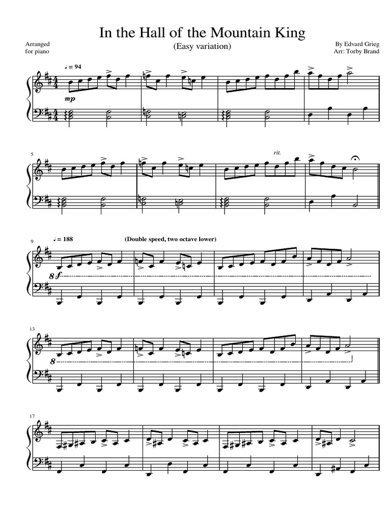Easy Piano Arrangement: Mountain King | PDF | Compositions | Musical ...