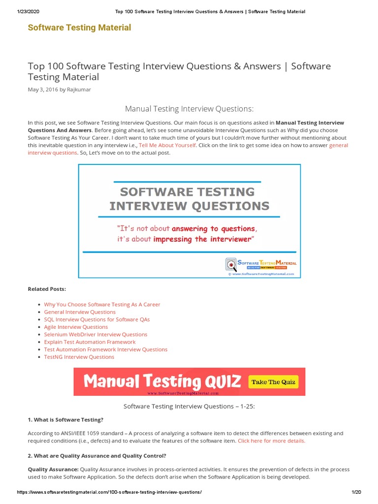 Top 100 Software Testing Interview Questions And Answers Software Testing Material Download