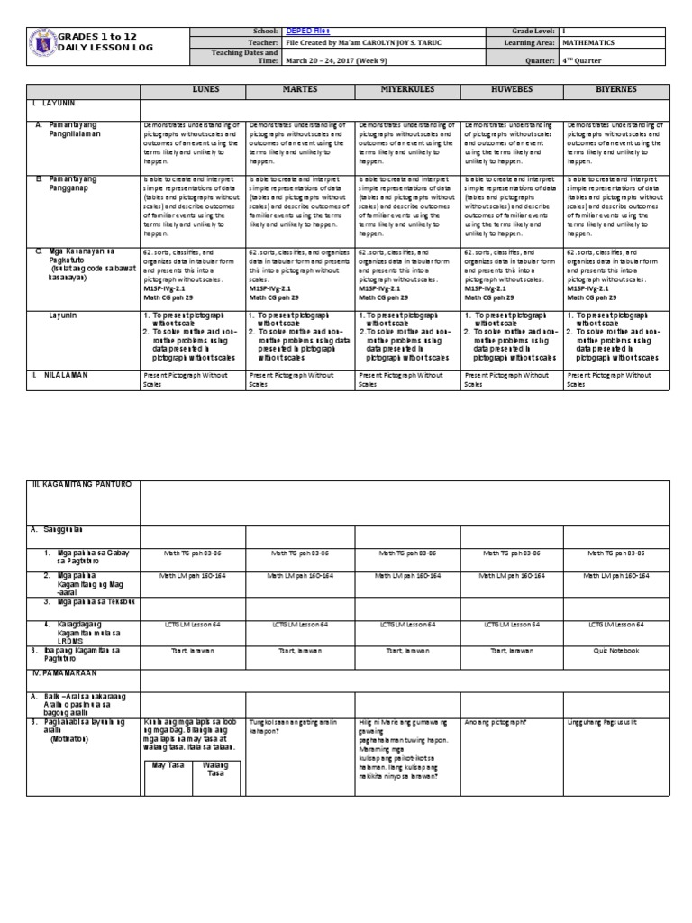 Grade 1 DLL MATH Q4 Week 9 | PDF | Cognition | Cognitive Science