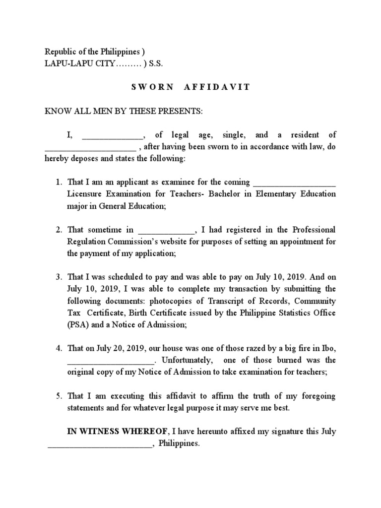 Sworn Affidavit for Exam Application | PDF