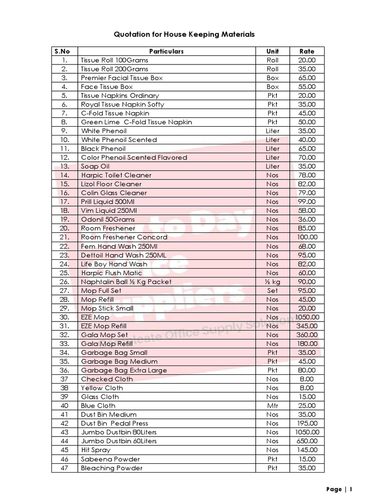 Housekeeping Product List | PDF | Domestic Life | Home