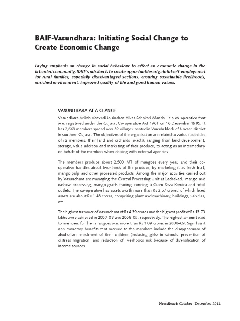 BAIF Vasundhara Initiating Social Change To Create Economic Change | PDF | Cooperative | Poverty