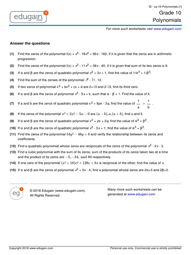 Grade 10 Polynomials Za PDF | PDF | Polynomial | Mathematical Analysis