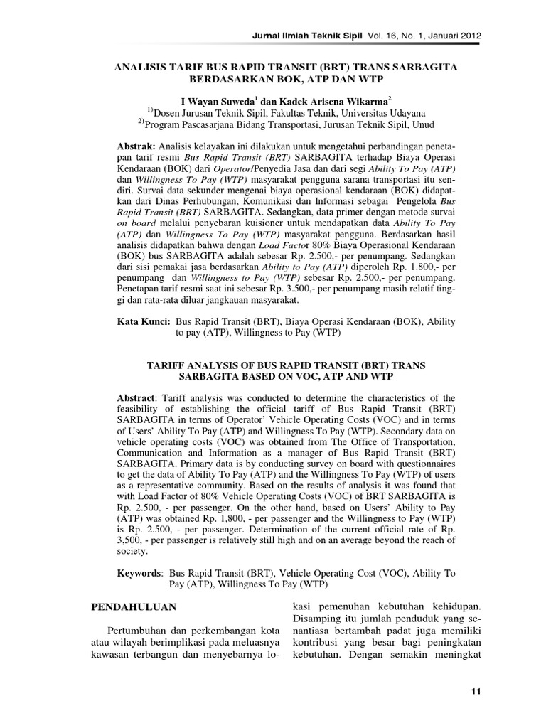 Analisis Tarif Bus Rapid Transit (BRT) Trans Sarbagita Berdasarkan BOK ...