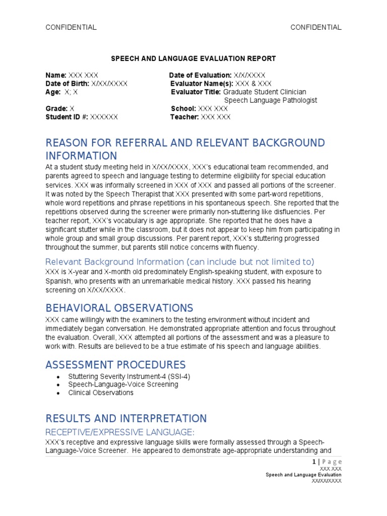 XXX Speech Language Evaluation Report | PDF | Stuttering | Speech ...
