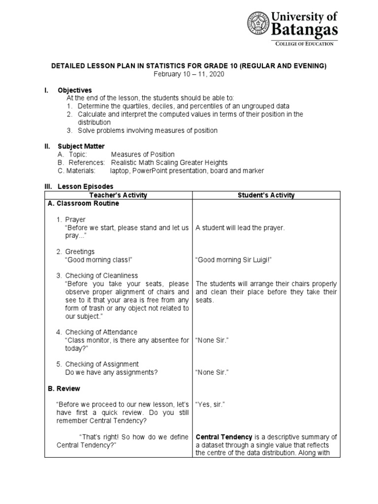 Measures of Position Lesson Plan | PDF | Mean | Mode (Statistics)