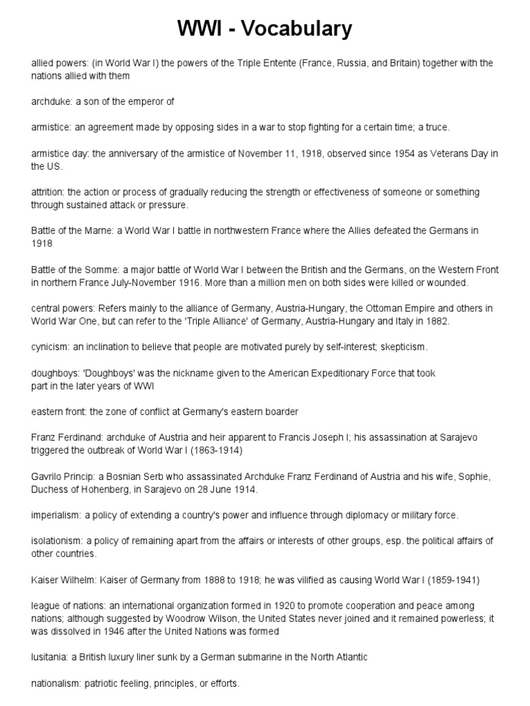 Wwi - Vocabulary | PDF | World War I | German Empire