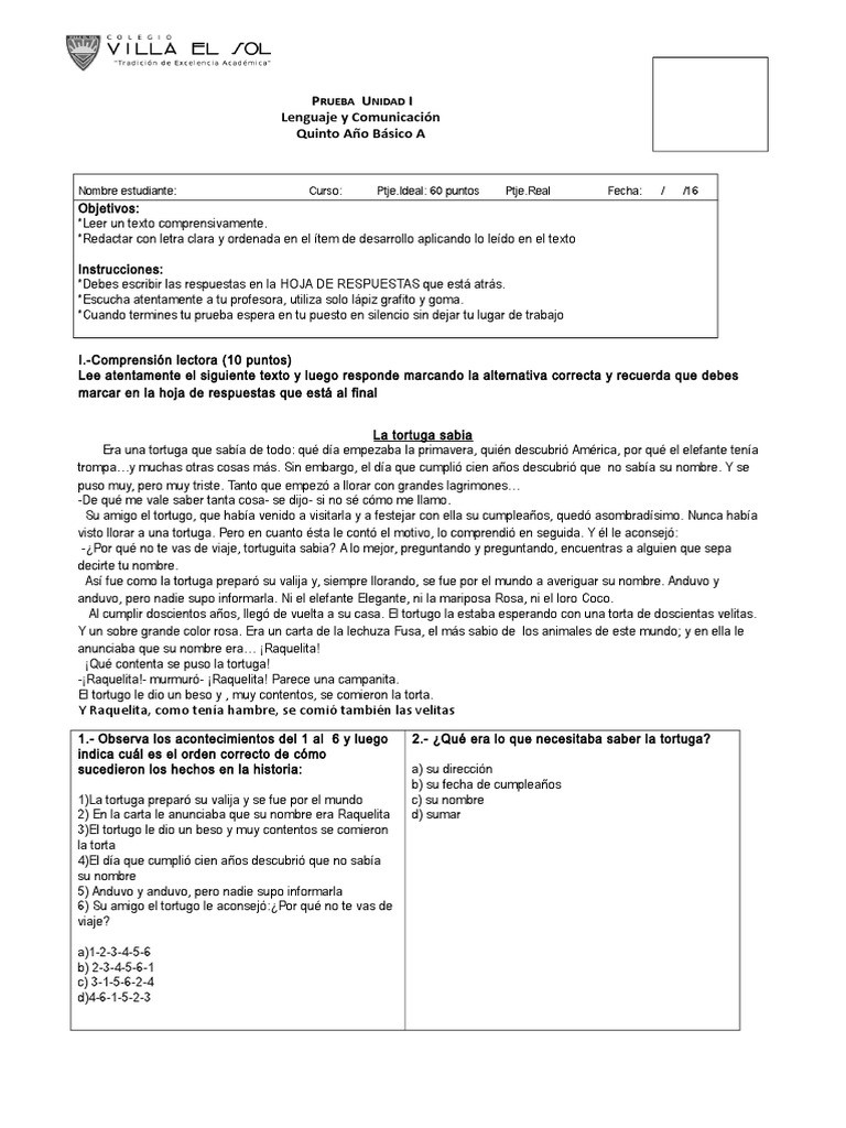 Prueba Unidad I - Narrativa 5° Básico | PDF | Narrativa | Narración
