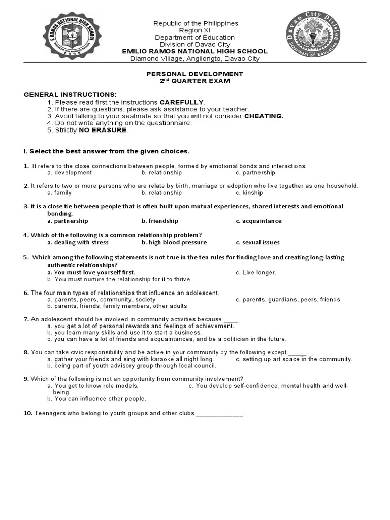 Personal Development 2nd Quarter Exam: Analyzing Relationships ...
