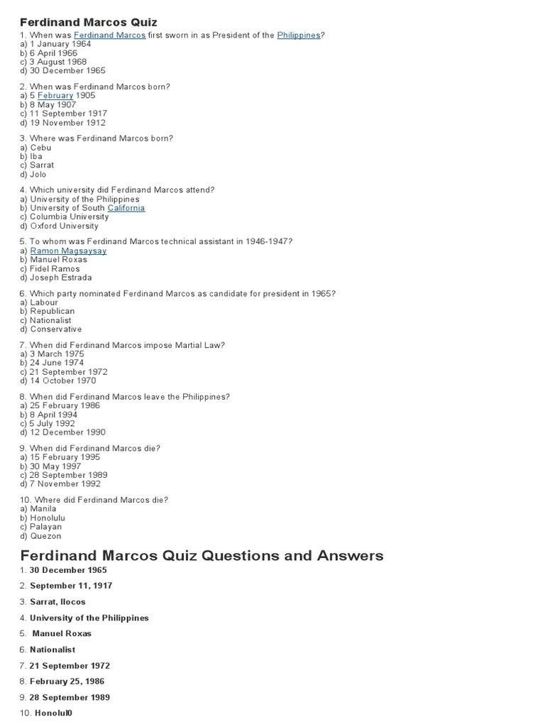 Ferdinand Marcos Quiz | PDF