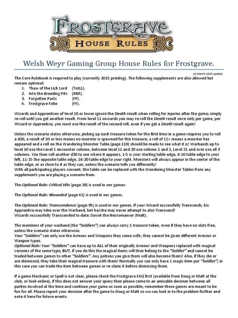 Welsh Weyr Gaming Group House Rules For Frostgrave | PDF | Tabletop ...
