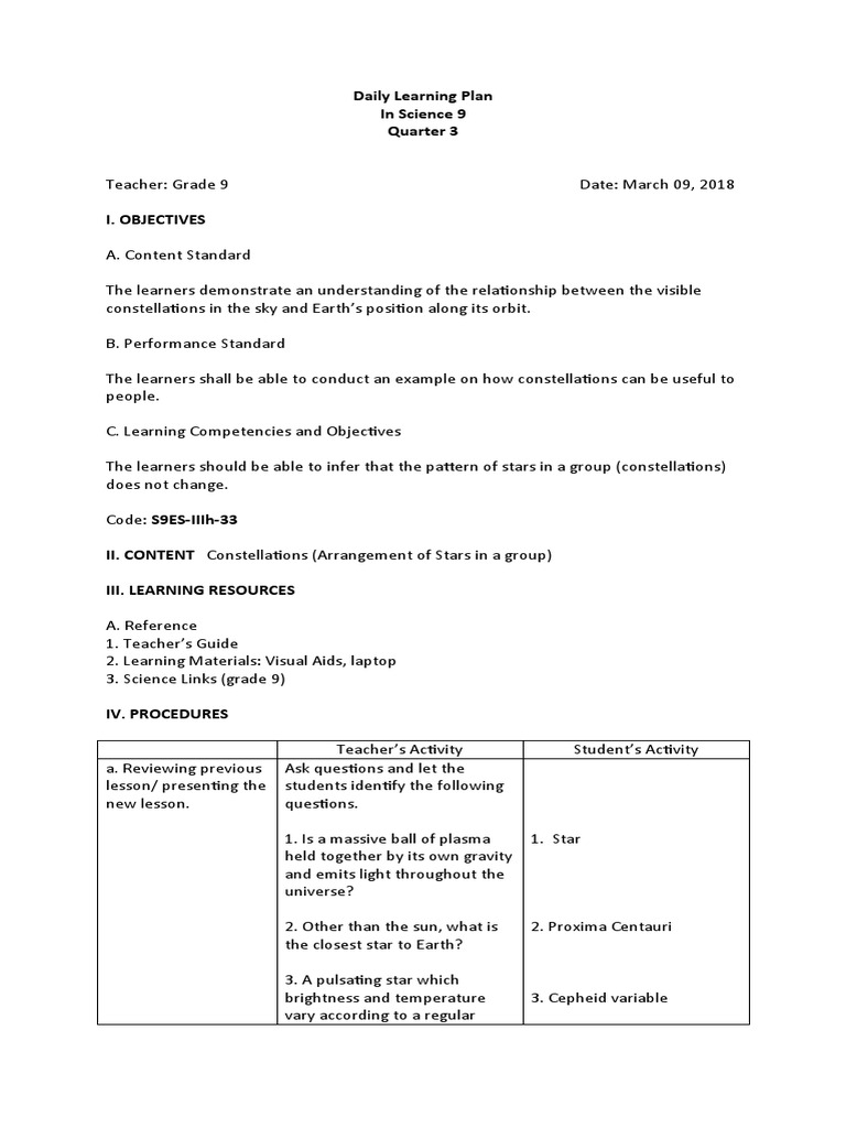 Lesson Plan in ITS (Constellations) | PDF | Constellation | Stars