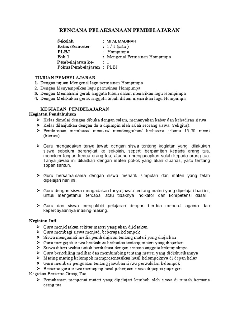 Rencana Pelaksanaan Pembelajaran RPP PLBJ | PDF