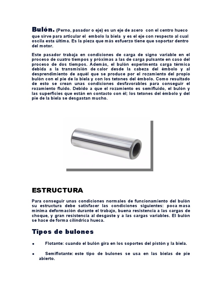 Tipos y Funciones de Bulones en Motores | PDF | Pistón | Aluminio