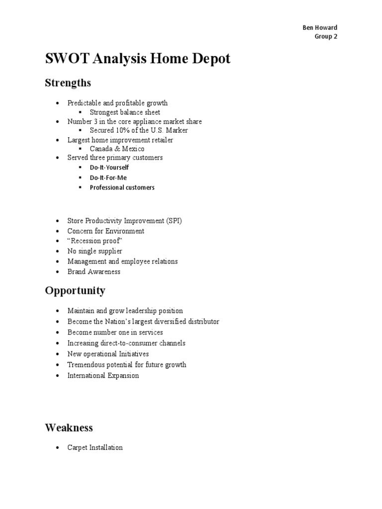 Home Depot SWOT Analysis Overview | PDF