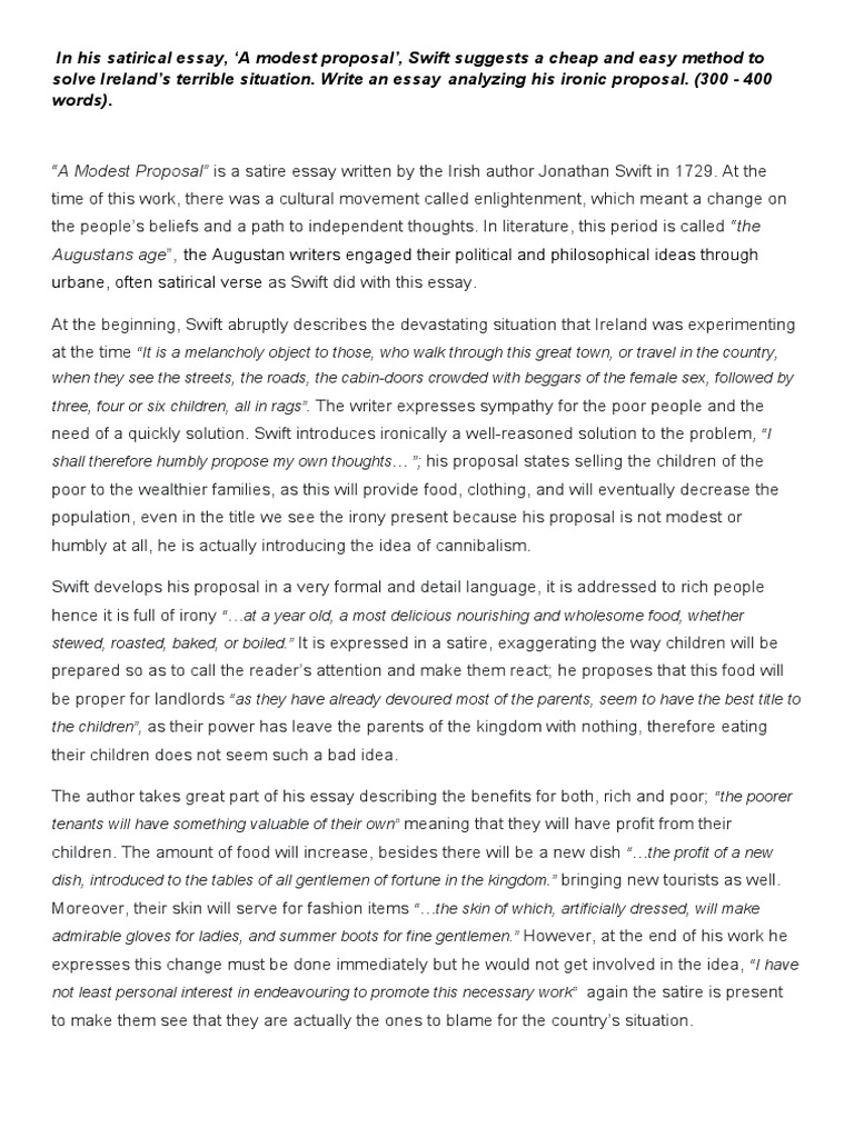 Essay A Modest Proposal | PDF | Jonathan Swift