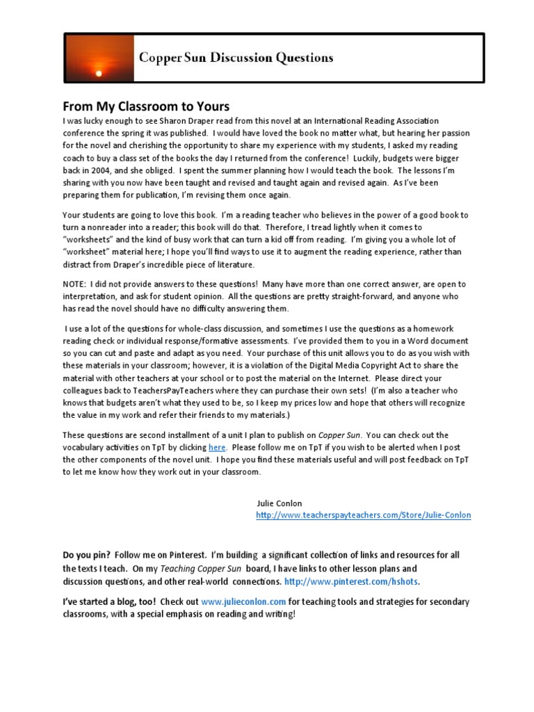 Copper Sun Chapterby Chapter Discussion Questions | PDF