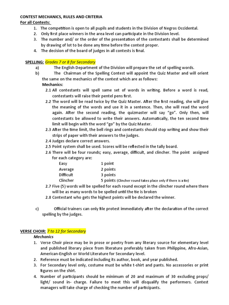 CONTEST MECHANICS Rules and Criteria For Language Fest | PDF | Quiz ...