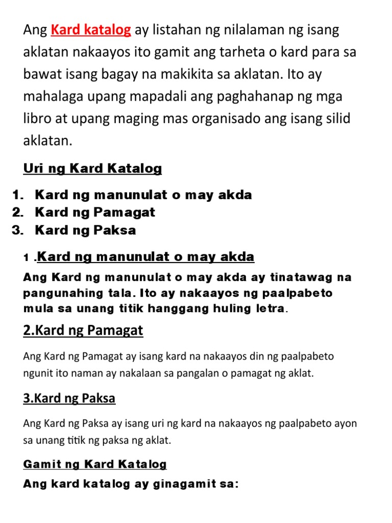 Ang Kard Katalog Ay Listahan NG Nilalaman NG Isang Aklatan Nakaayos Ito ...