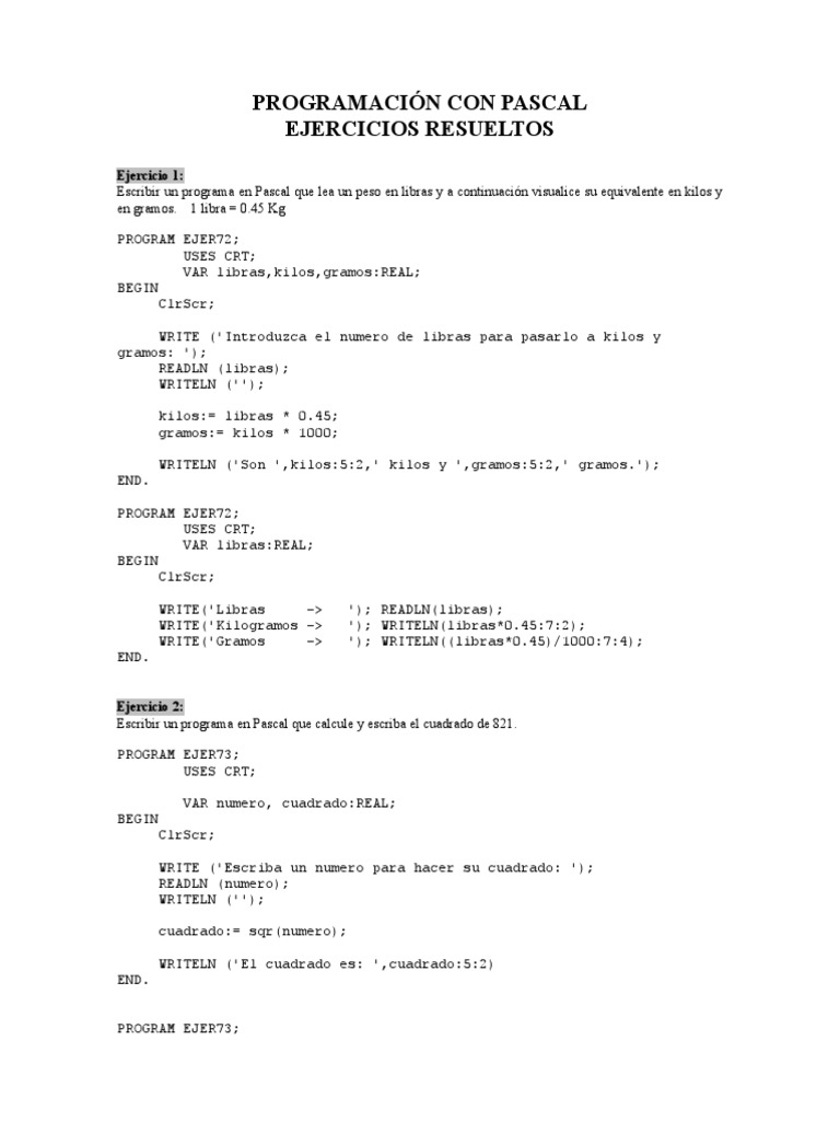 Ejercicios - Pascal | PDF | Programación de computadoras | Ingeniería ...