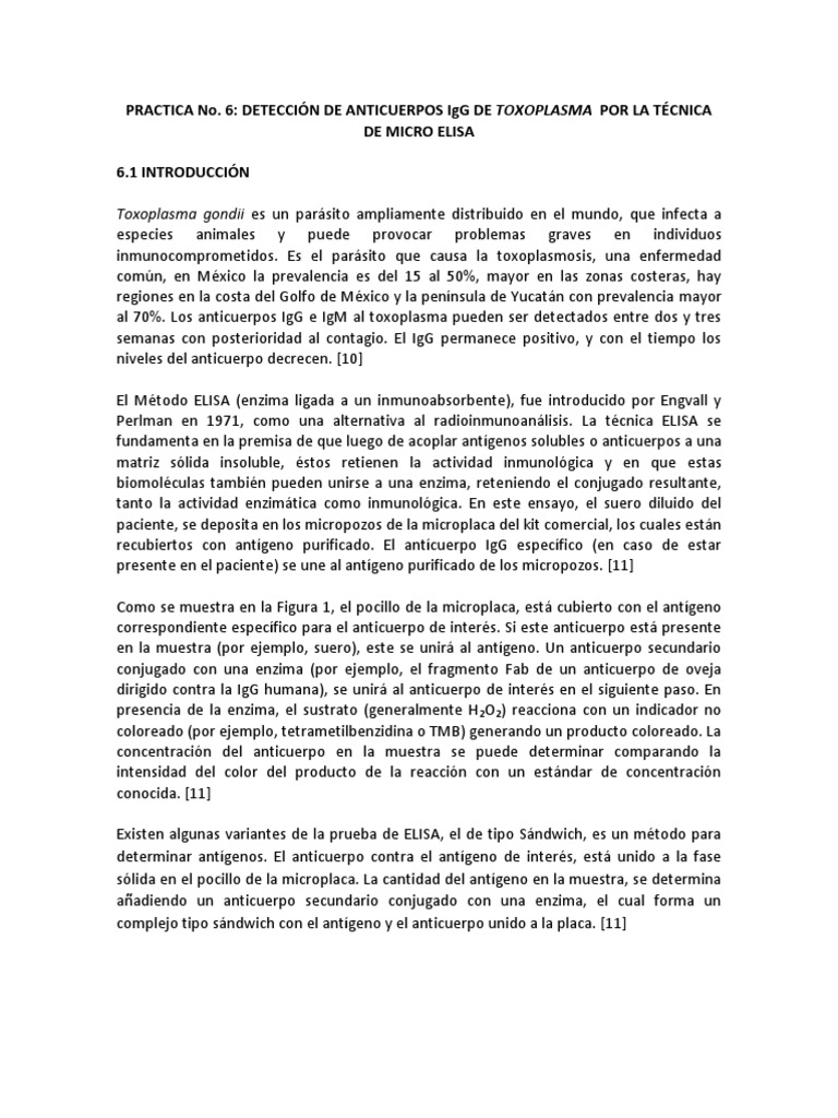 PRACTICA 6 DETECCIÓN DE ANTICUERPOS DE TOXOPLASMA IgG POR LECTOR DE MICRO ELISA | PDF | Elisa ...
