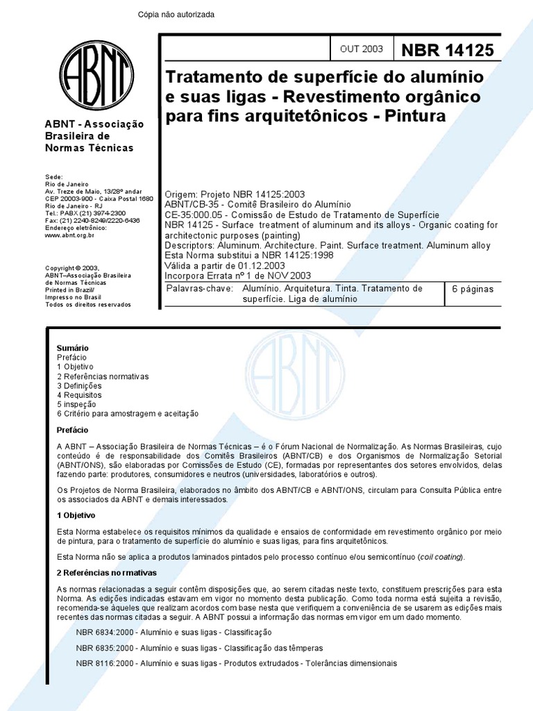 NBR 14125 - Tratamento de Superficie Do Aluminio E Suas Ligas ...