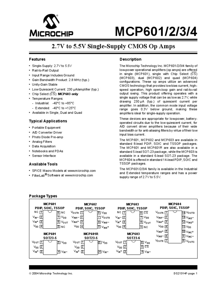 Opamp MCP601 | PDF | Operational Amplifier | Amplifier