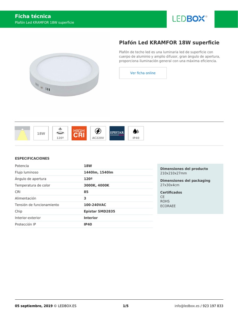 Ficha Tecnica Plafon Led | PDF | Diodo emisor de luz | Encendiendo
