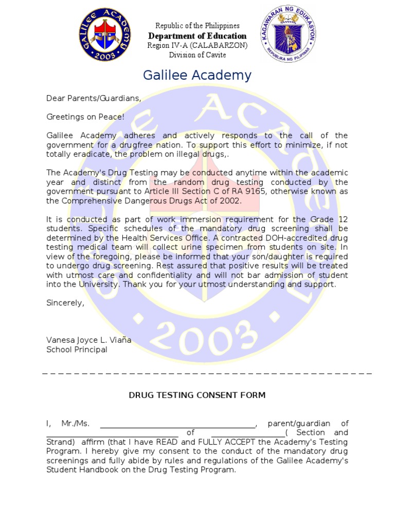 Galilee Academy Drug Testing Consent Form | PDF