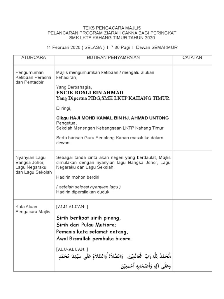 Teks - Pengacara - Majlis Pelancaran Ziarah Cakna | PDF