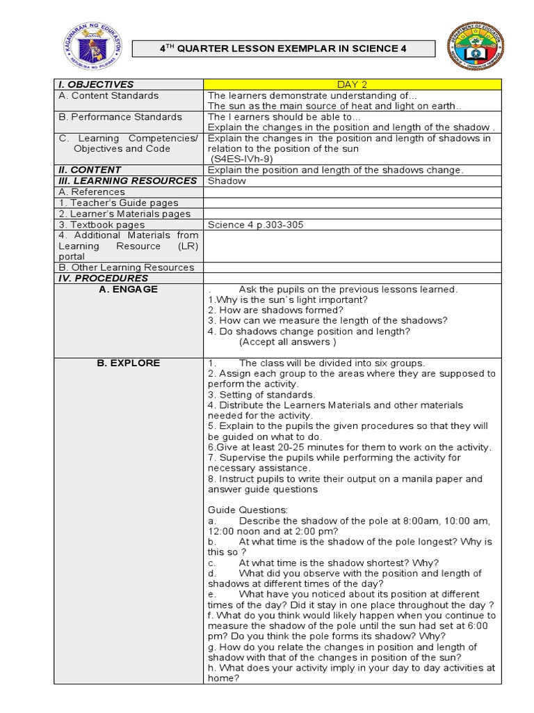 Lesson Exemplar Science 4 2 | PDF | Shadow | Sun