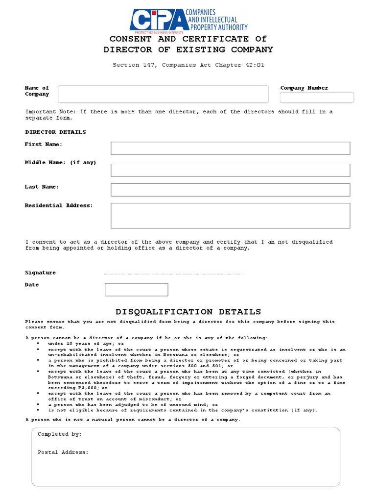 Existing Director Consent Form Private Public Post Incorporation | PDF