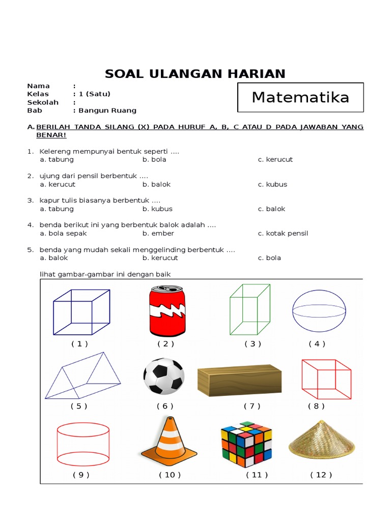 Soal Matematika Kelas 1 SD Bab 4 Bangun Ruang Dan Kunci Jawaban | PDF