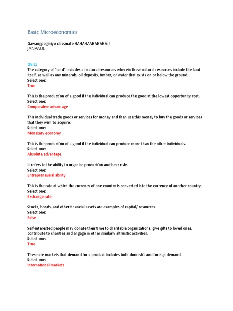 Basic Microeconomics Quiz1.,2, Prelim | PDF | Microeconomics | Economics