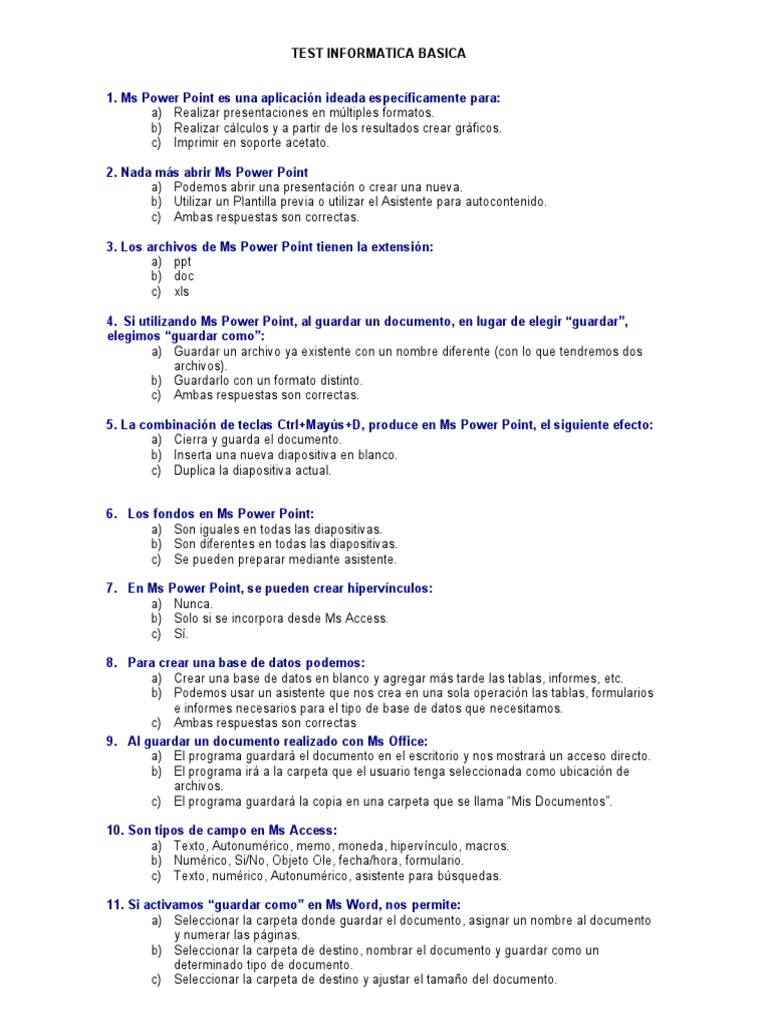 Test de Informática Básica | PDF | Microsoft Excel | Red mundial