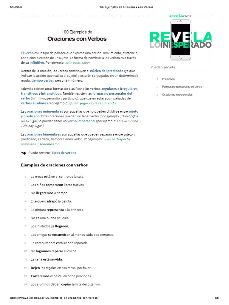 100 Ejemplos De Oraciones Con Verbos Pdf Verbo Gramática