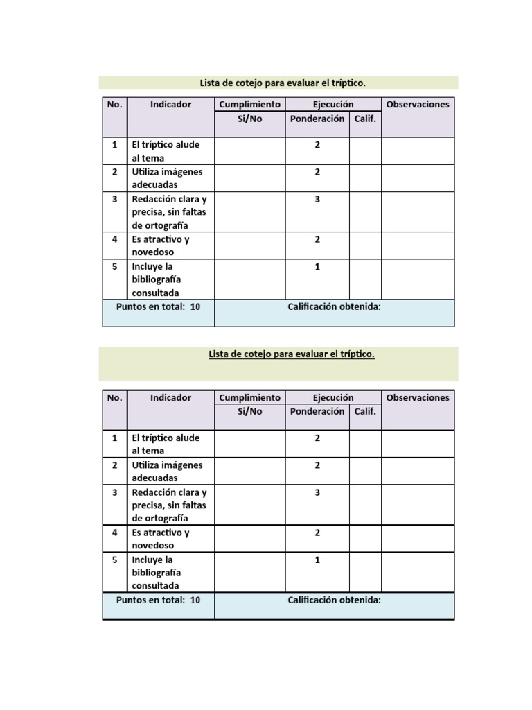 Lista de Cotejo para Evaluar El Tríptico | PDF