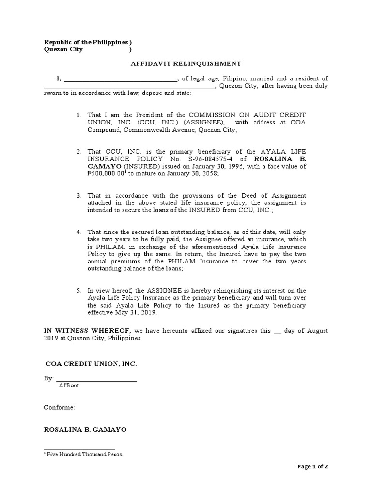 Cert of Relinquishment of Deed of Assignmen2 | PDF | Affidavit ...