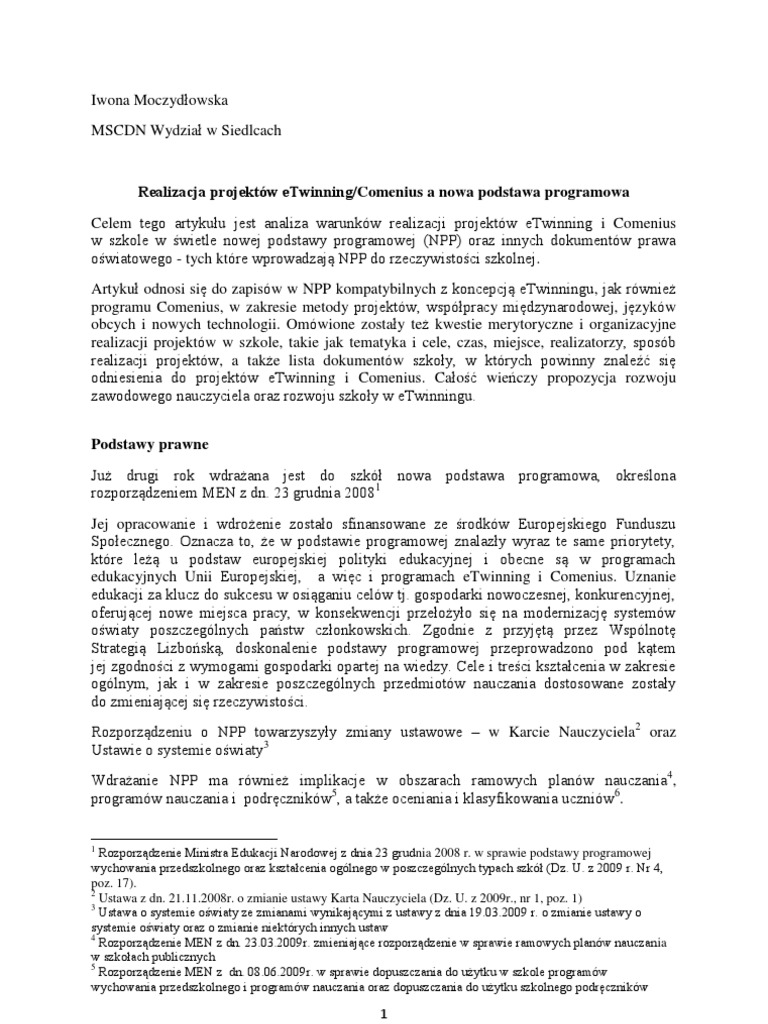 Realizacja Projektów Etwinning A Nowa Podstawa Programowa | PDF