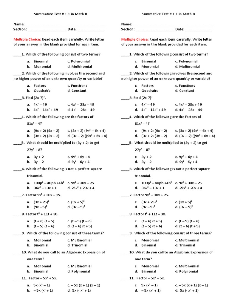 Summative Test # 1.1 | PDF | Polynomial | Abstract Algebra