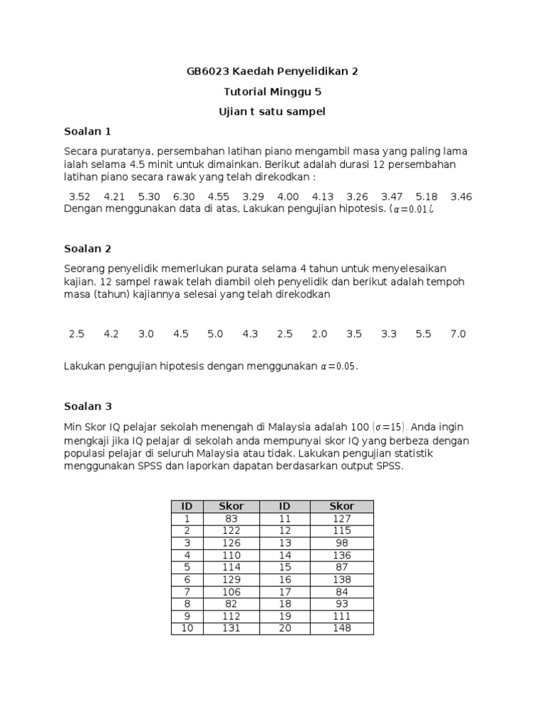 Tutorial 5 Ujian T Satu Sampel-20200225105525 | PDF
