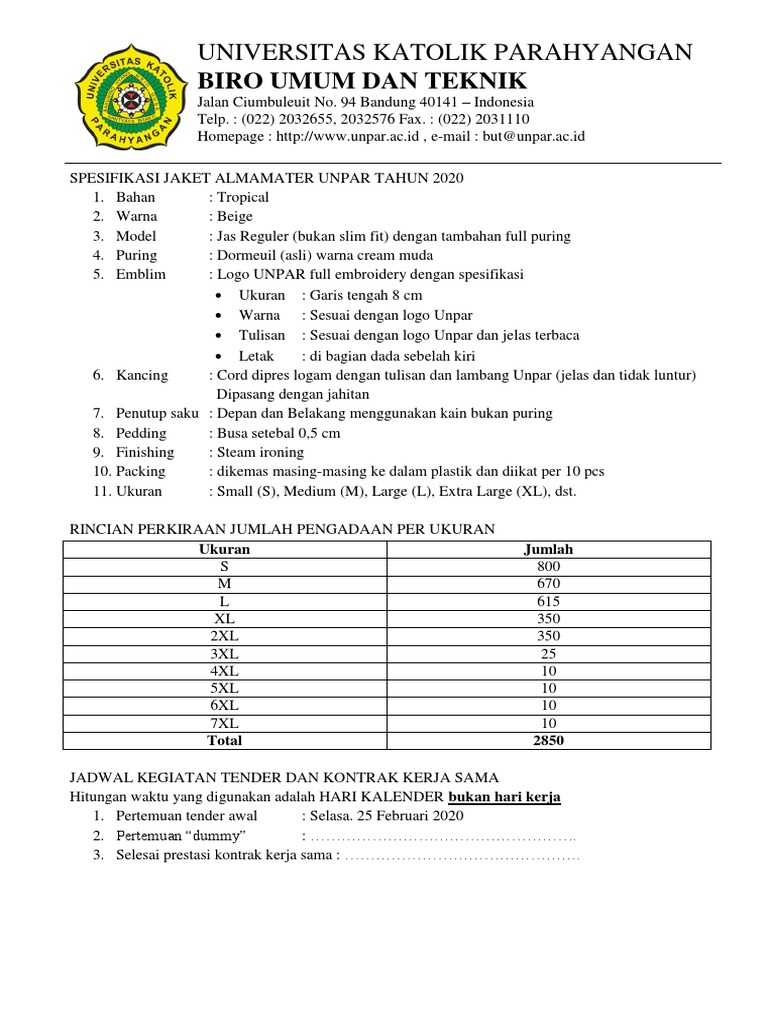 Spesifikasi Dan Jadwal Waktu Tender Jaket Almamater Unpar 2020 | PDF