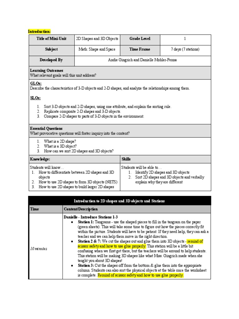 Math Centers - 2d Shapes 3d Objects | PDF | Shape | Learning