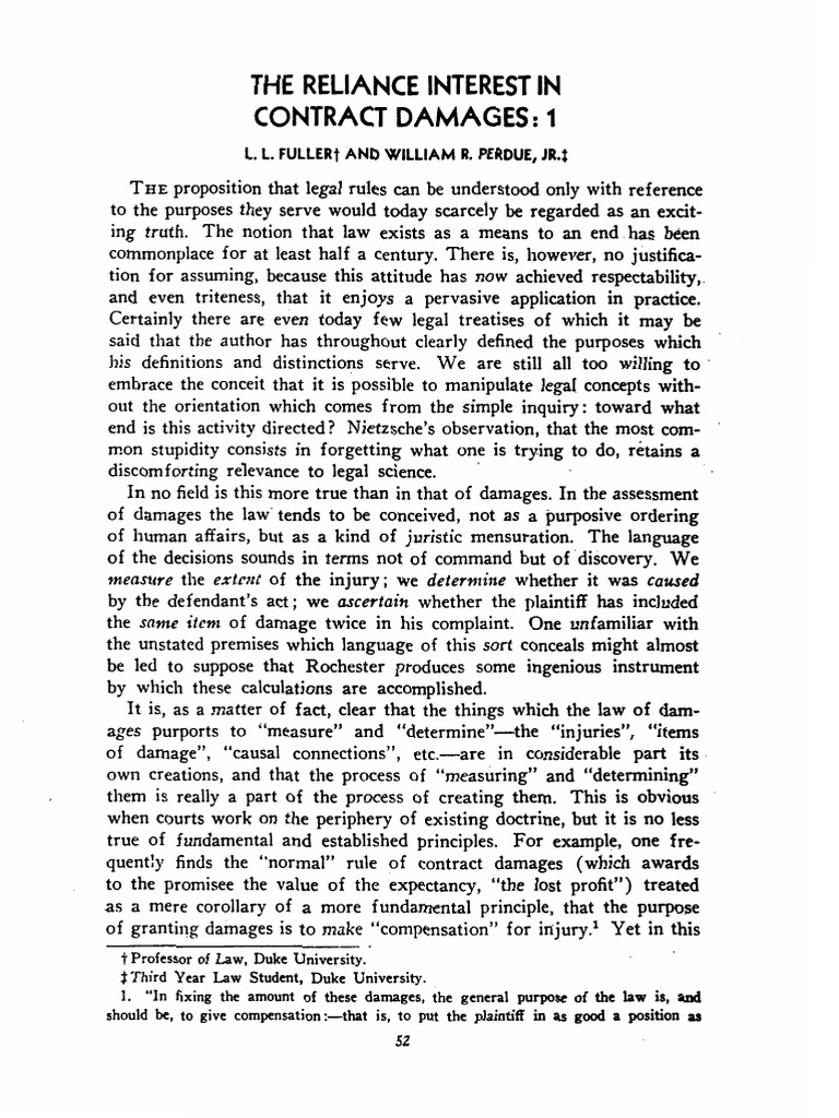 The Reliance Interest in Contract Damages, Fuller & Perdue | PDF