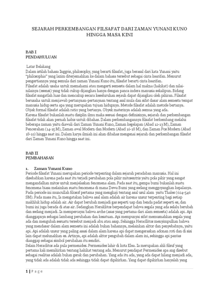 Sejarah Perkembangan Filsafat Dari Zaman Yunani Kuno Hingga Masa Kini | PDF