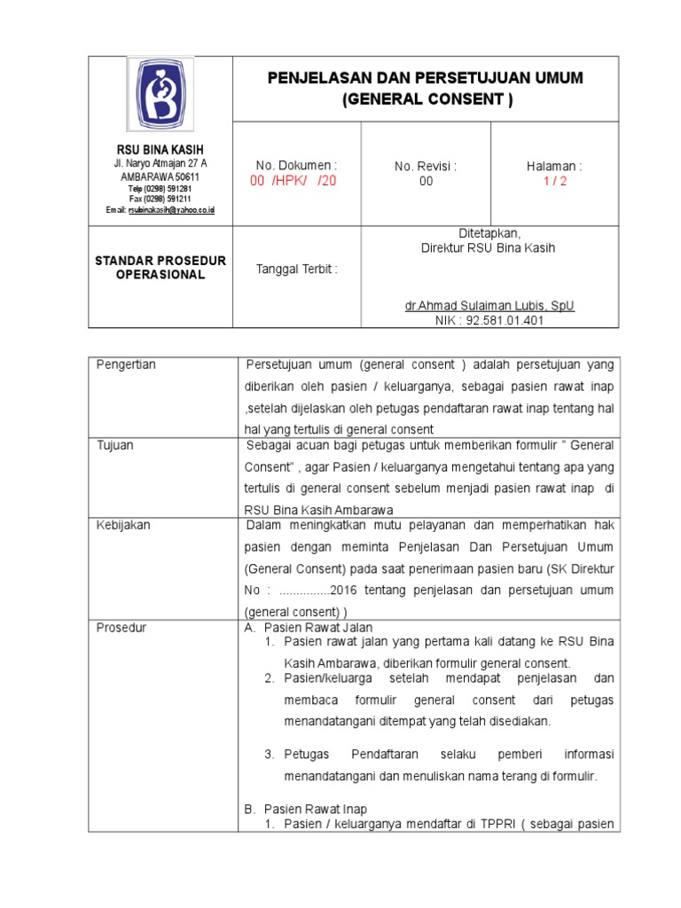 Spo General Consent Penjelasan Dan Persetujuan Umum | PDF