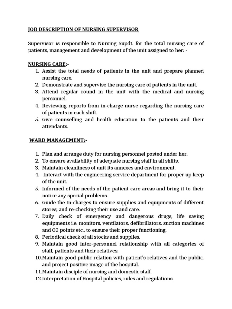 Nursing Supervisor | PDF | Nursing | Health Care