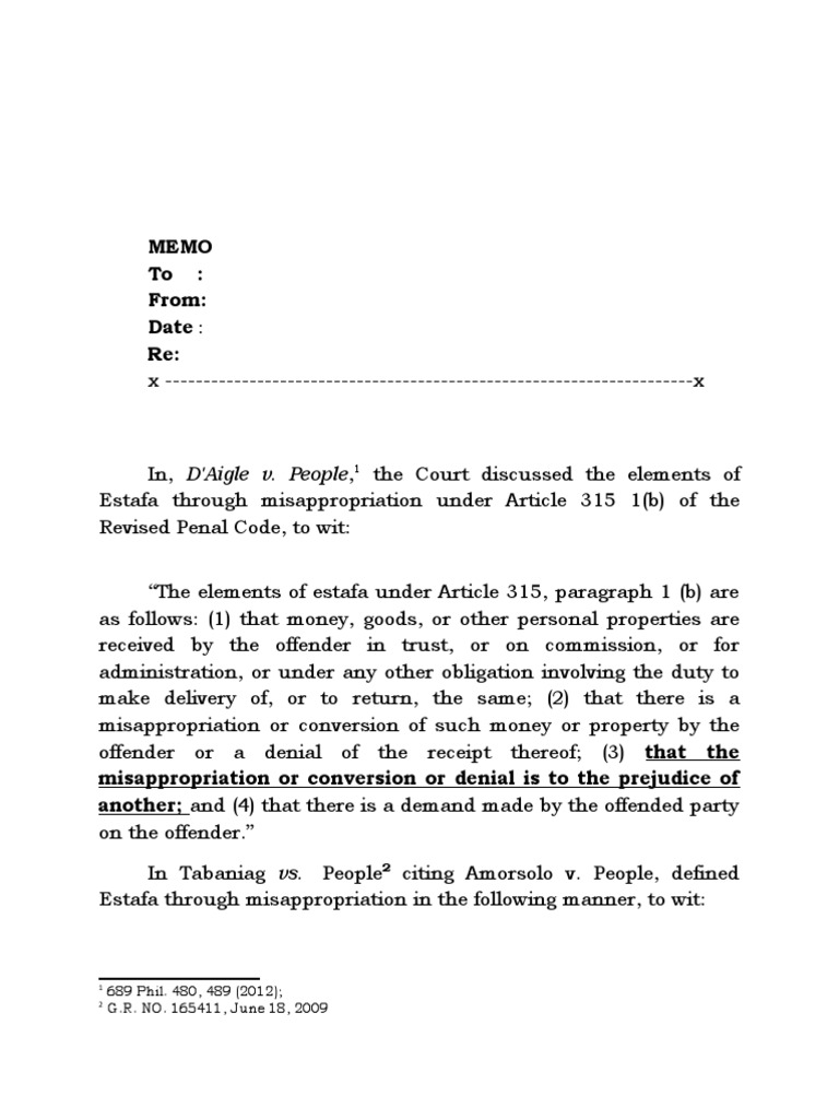 Memorandum Estafa Research | PDF | Fraud | Law Of Obligations