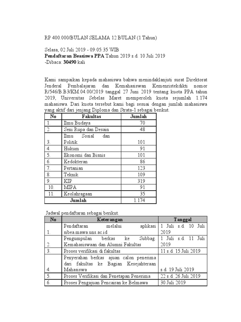 Beasiswa Ppa Uns | PDF